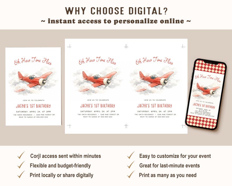 Time Flies 1st Birthday Invite, Airplane Editable Invitation, Digital ...