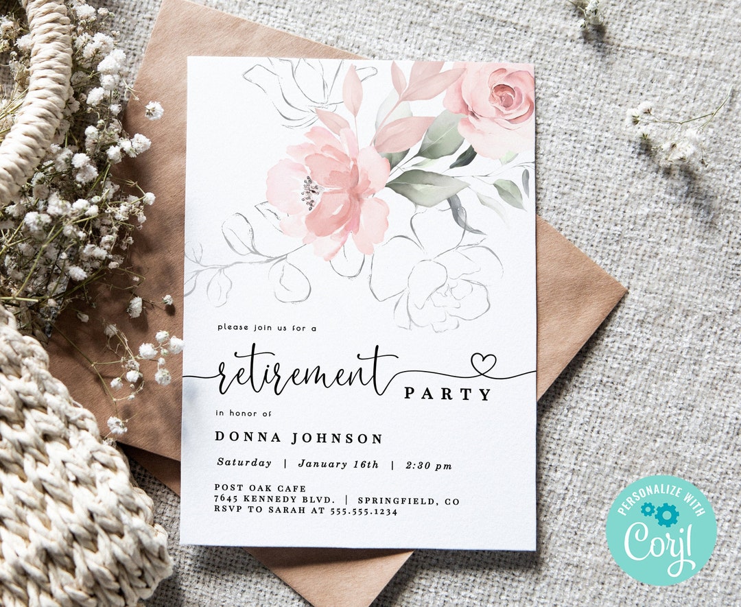 Pink Retirement Party Invitation, Floral 5x7 Invite | INSTANT DOWNLOAD ...