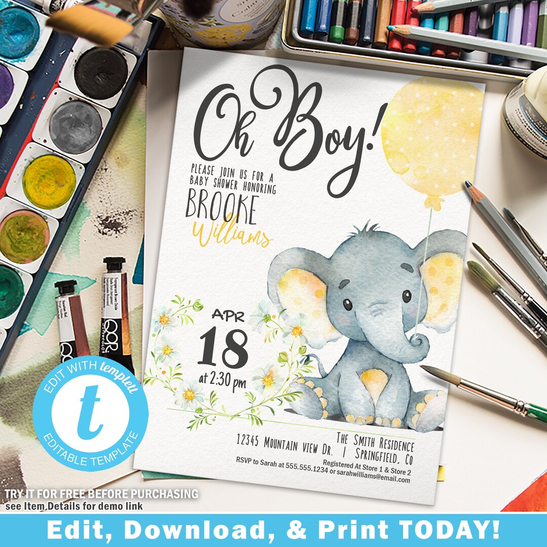 Yellow and Gray Elephant Baby Shower Invitation Boy, Printable Invite ...