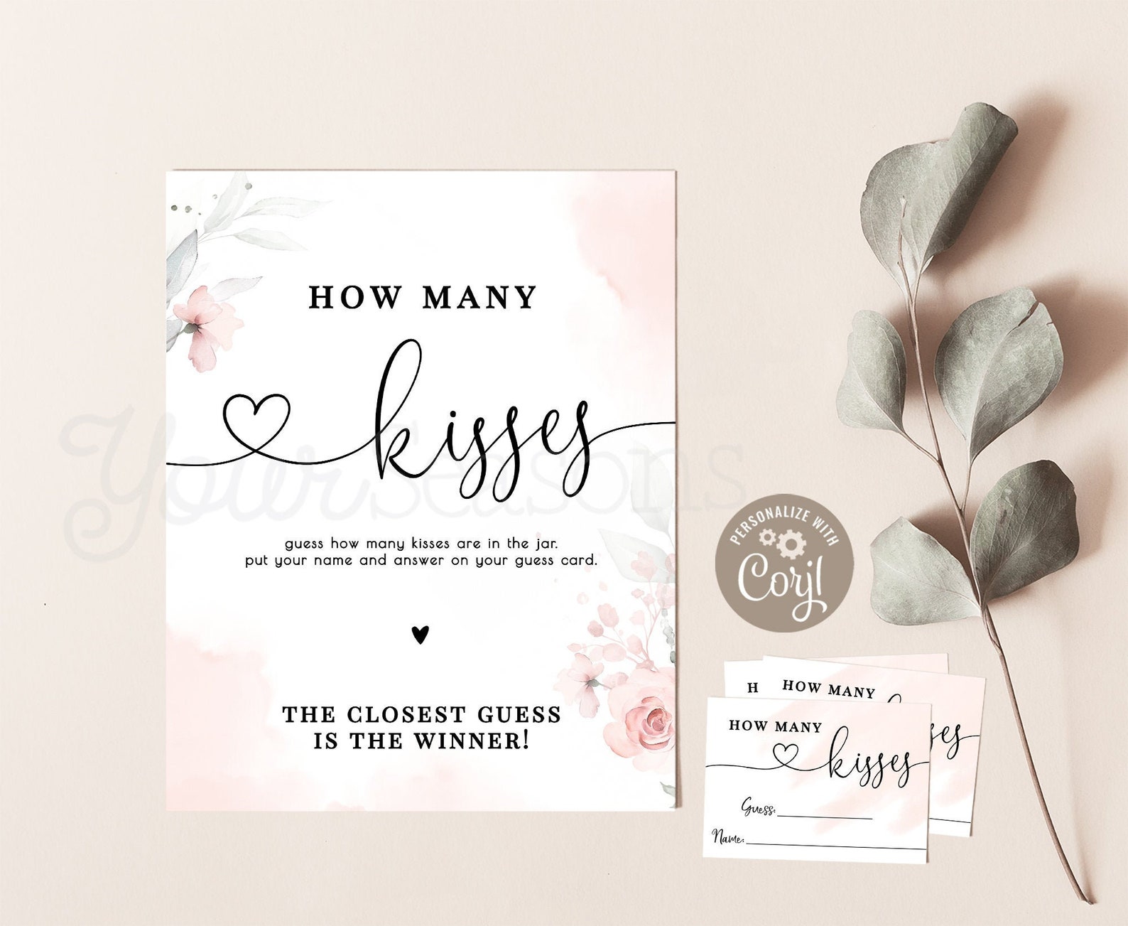 How Many Kisses Pink Floral Bridal Shower game printable | Etsy