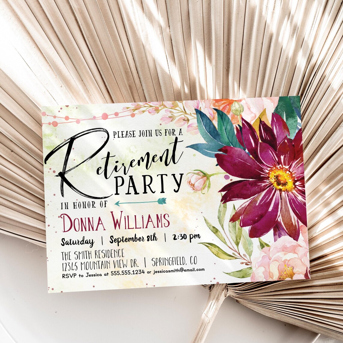 Burgundy Floral Retirement Party Invitation, Editable Template Digital ...