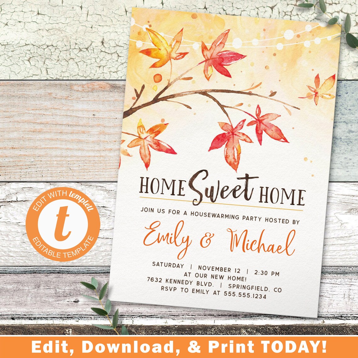 Fall Housewarming Party Invitation, Autumn Leaves Printable Invite ...