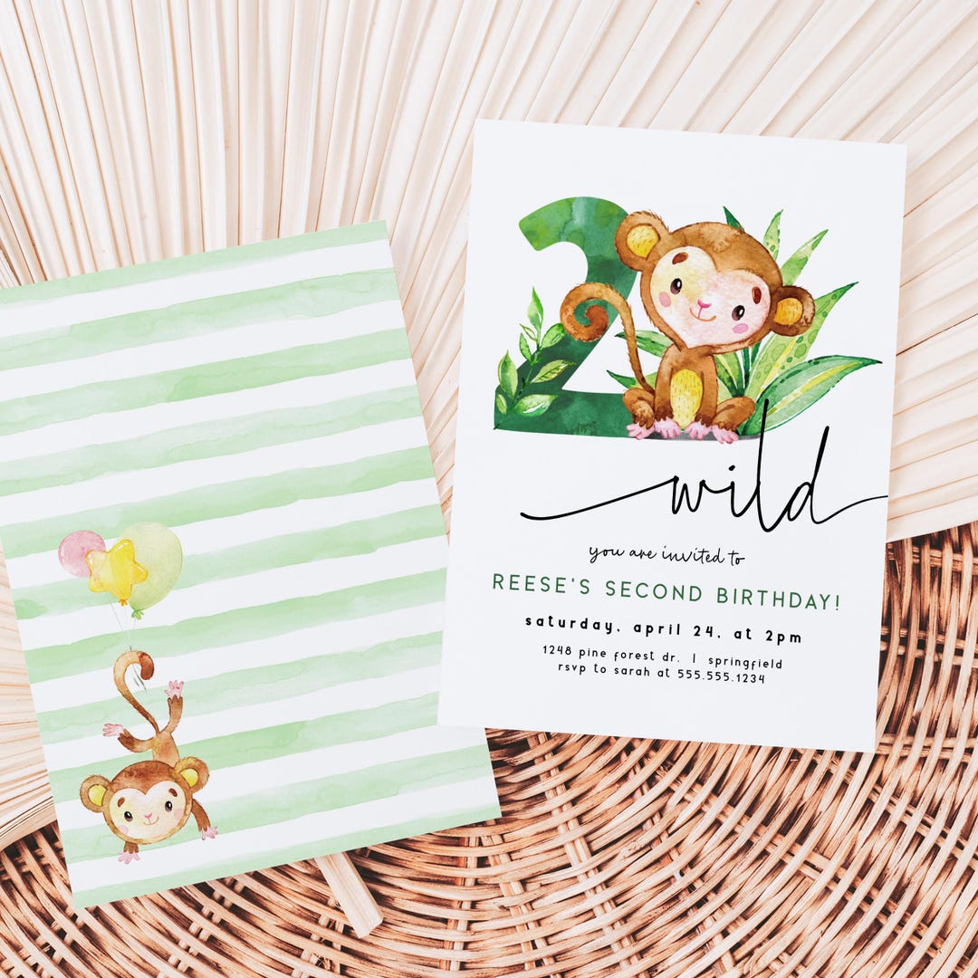 Two Wild Birthday Invitation, Monkey 2nd Birthday Invite, Editable ...
