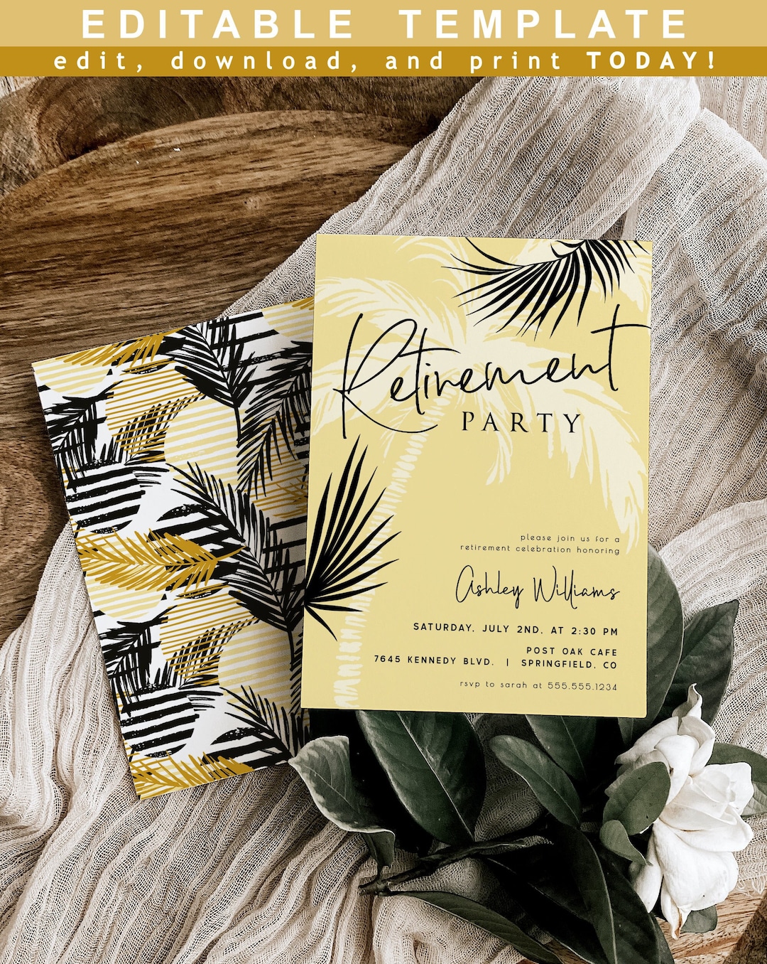 Tropical Retirement Party Invitation Template DOWNLOAD, Black & Gold ...