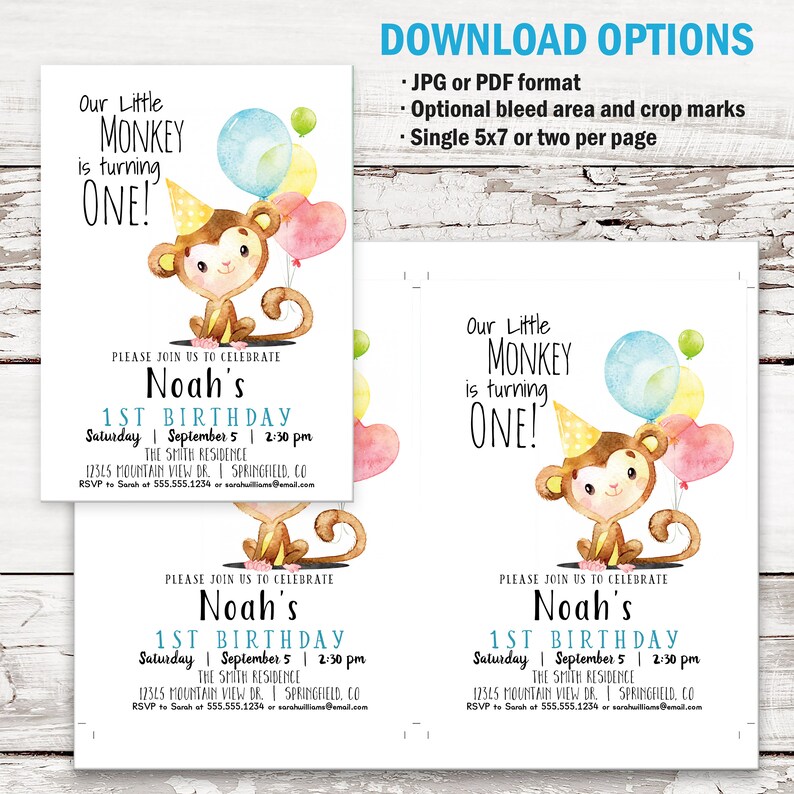Monkey Birthday Invitation 1st Birthday Printable 5x7 Invite | Etsy