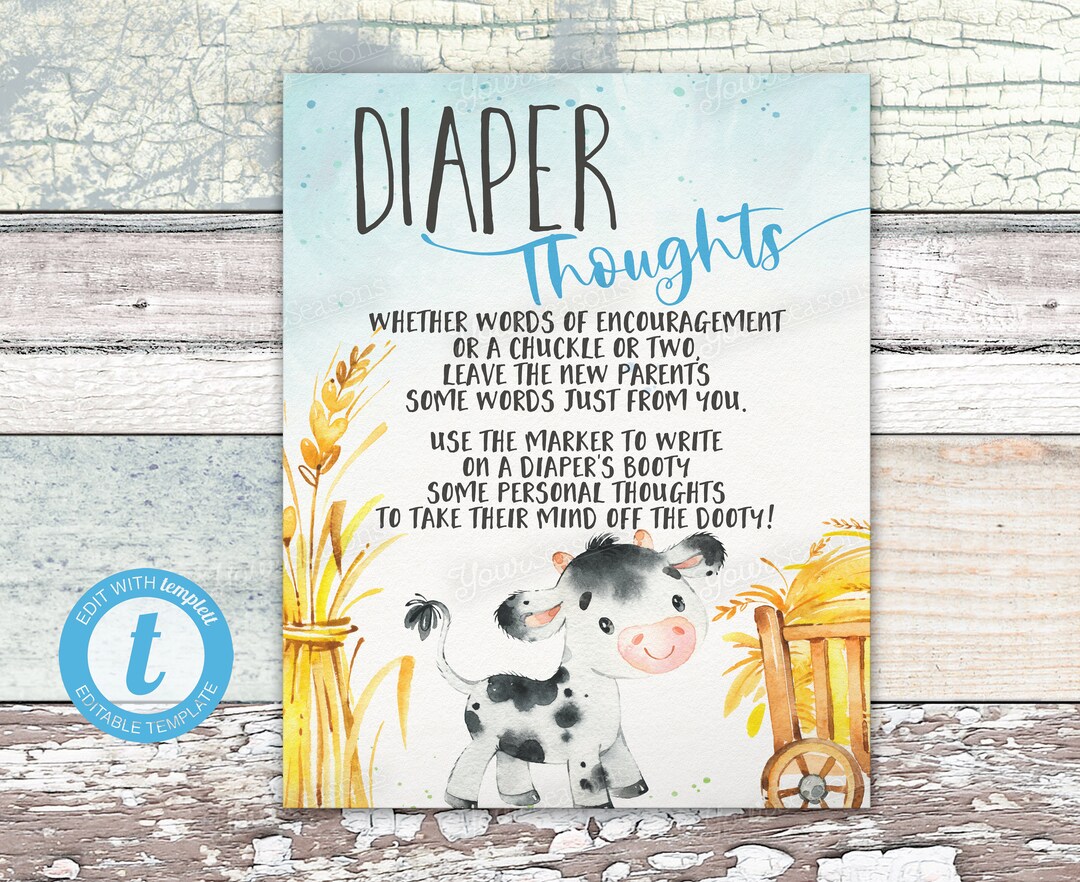 Cow Diaper Thoughts Sign: Blue Farm Baby Shower (digital Download) - Etsy