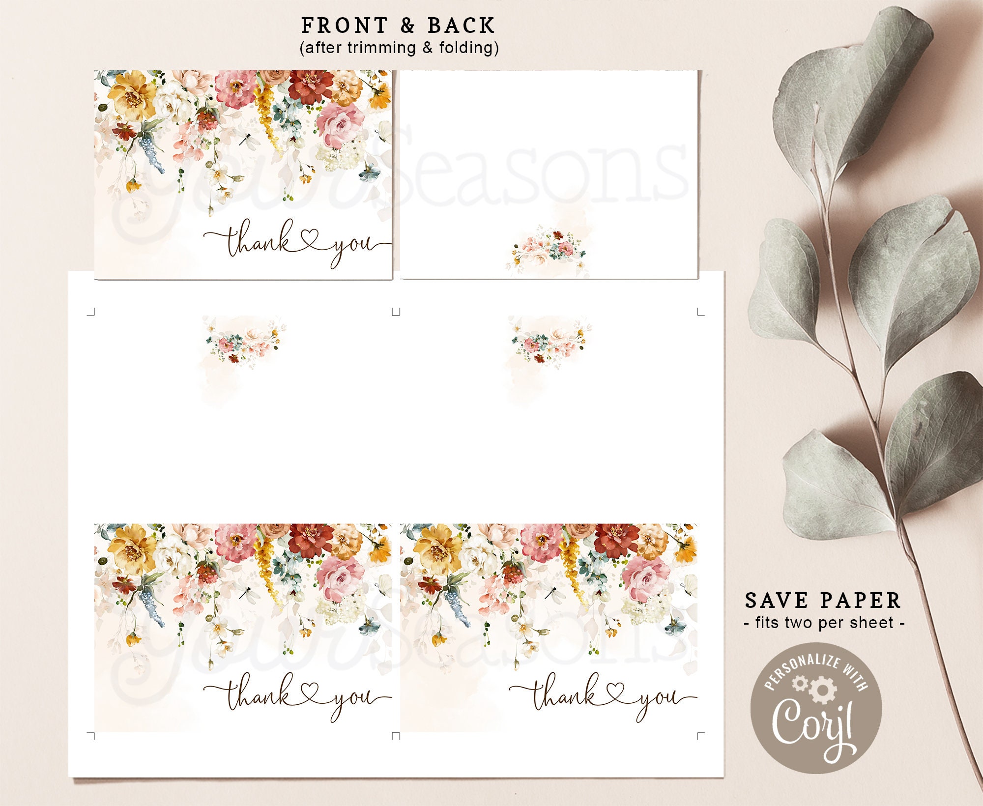 Floral Thank You Card, Printable | INSTANT DOWNLOAD | Editable Digital ...