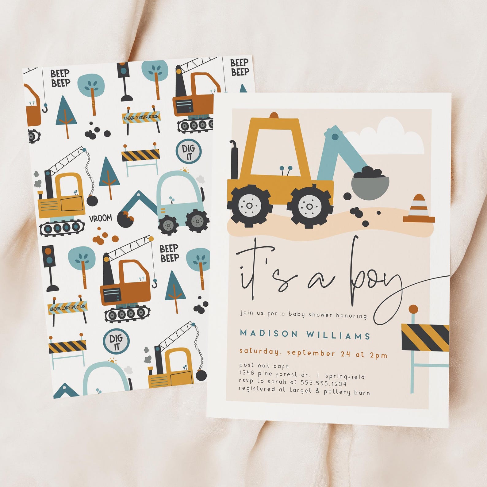 Construction Boy Baby Shower Invitation, Invite Editable Template ...
