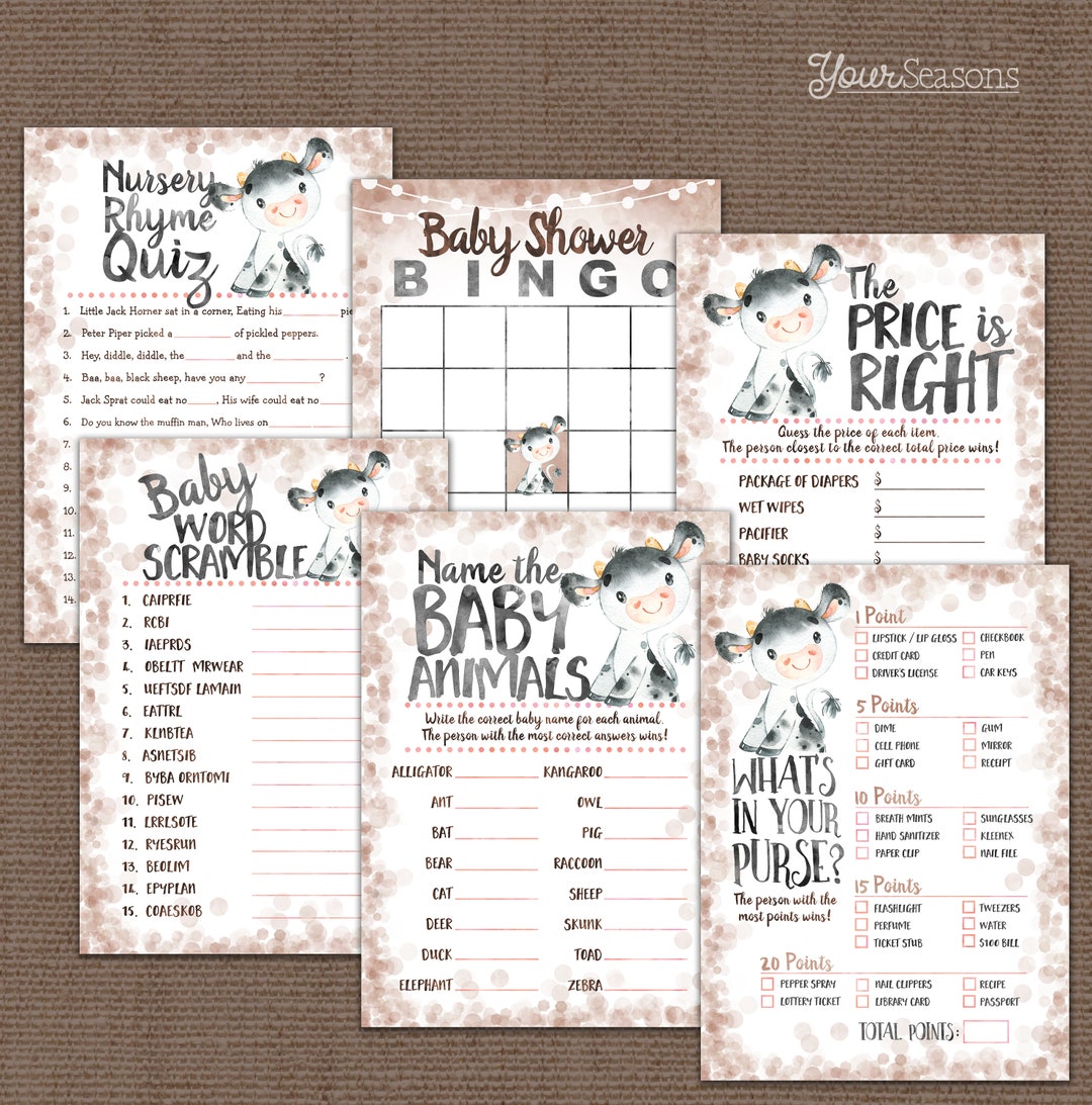 Cow Baby Shower Games Package, Farm Printable INSTANT DOWNLOAD Digital ...