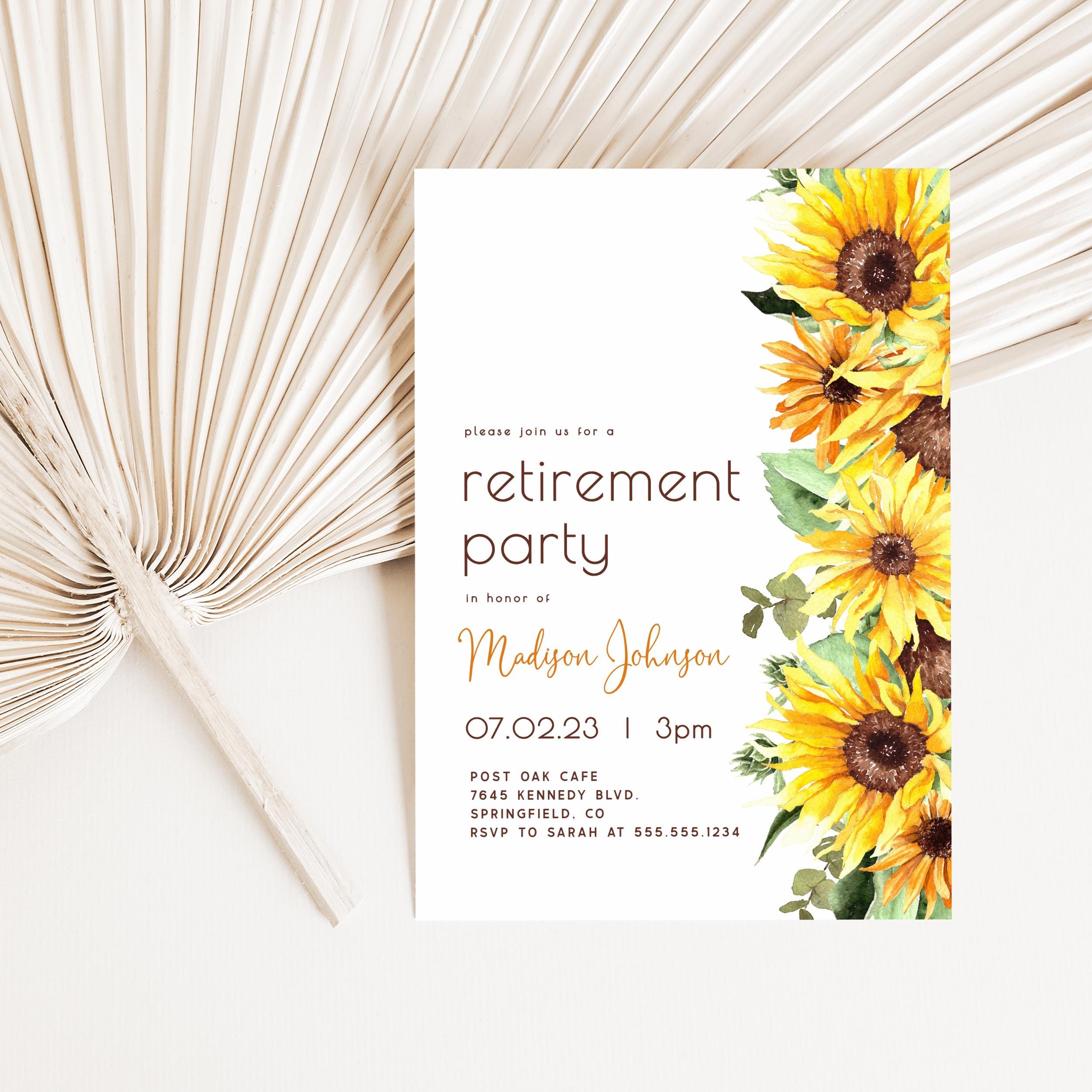 Sunflower Retirement Party Invitation: Watercolor Floral Template ...