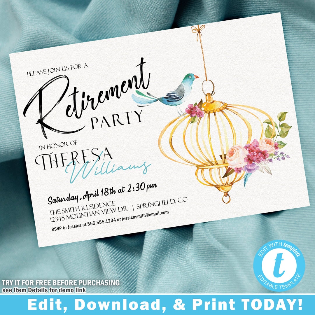 Birdcage Retirement Party Invitation, Floral 5x7 Invite | INSTANT ...