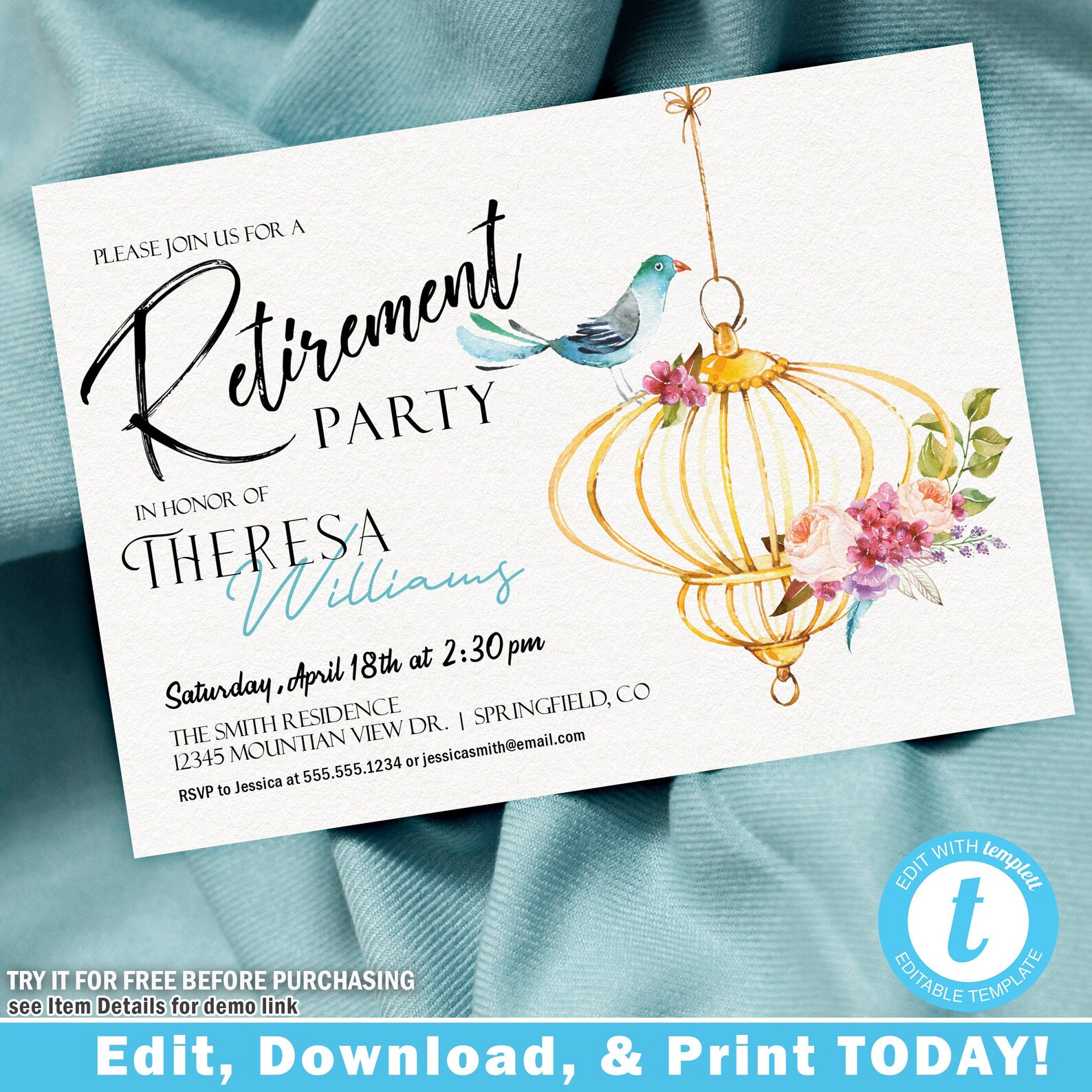 Birdcage Retirement Party Invitation, Floral 5x7 Invite | INSTANT ...