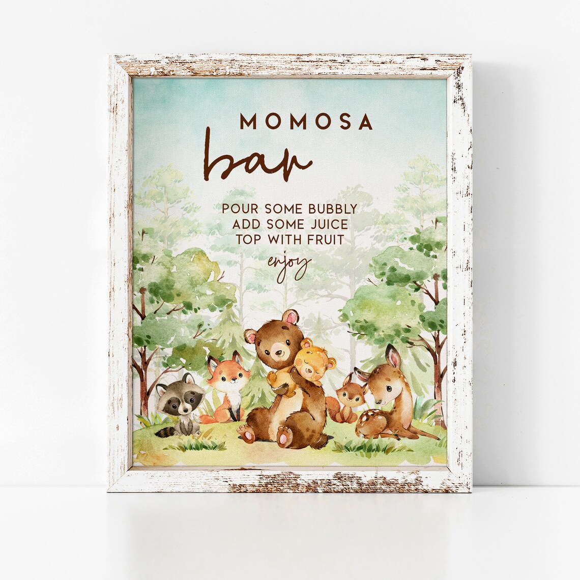 Momosa Bar Table Sign, Woodland Theme Baby Shower 0496, Editable ...