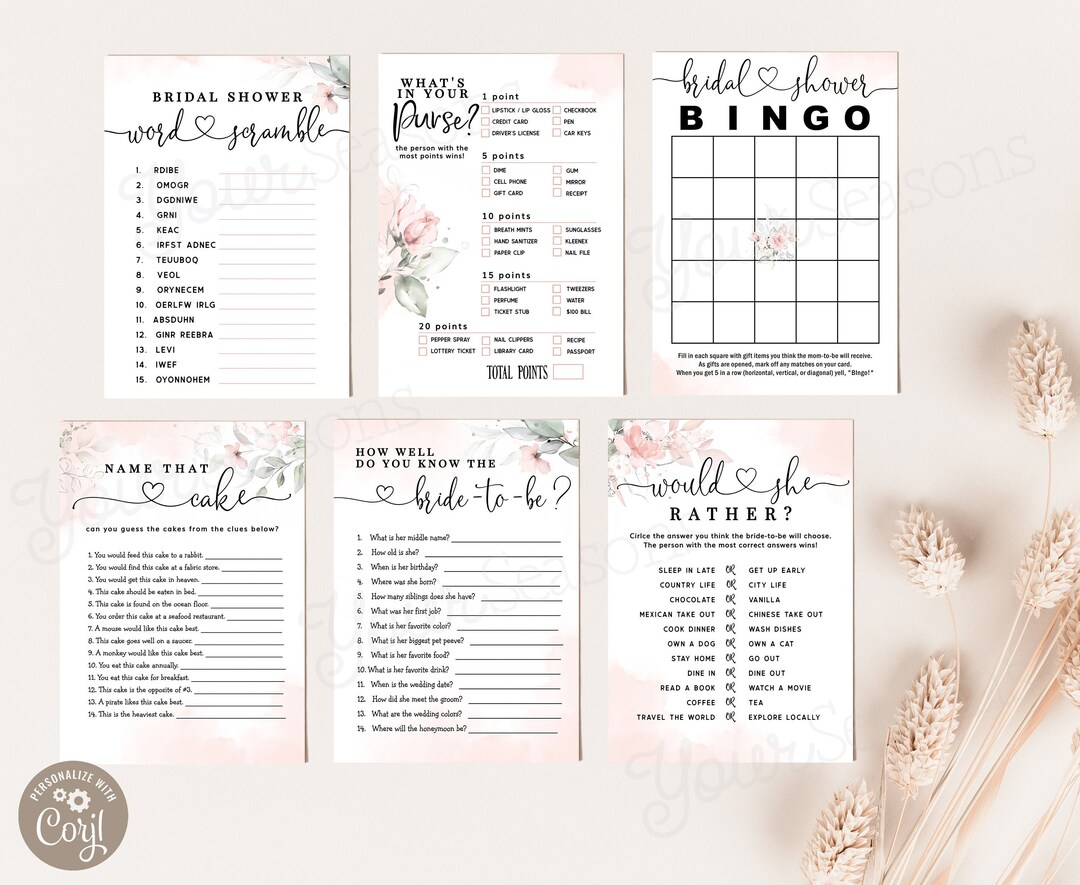 Pink Floral Bridal Shower Games Bundle: Editable Printable (digital ...