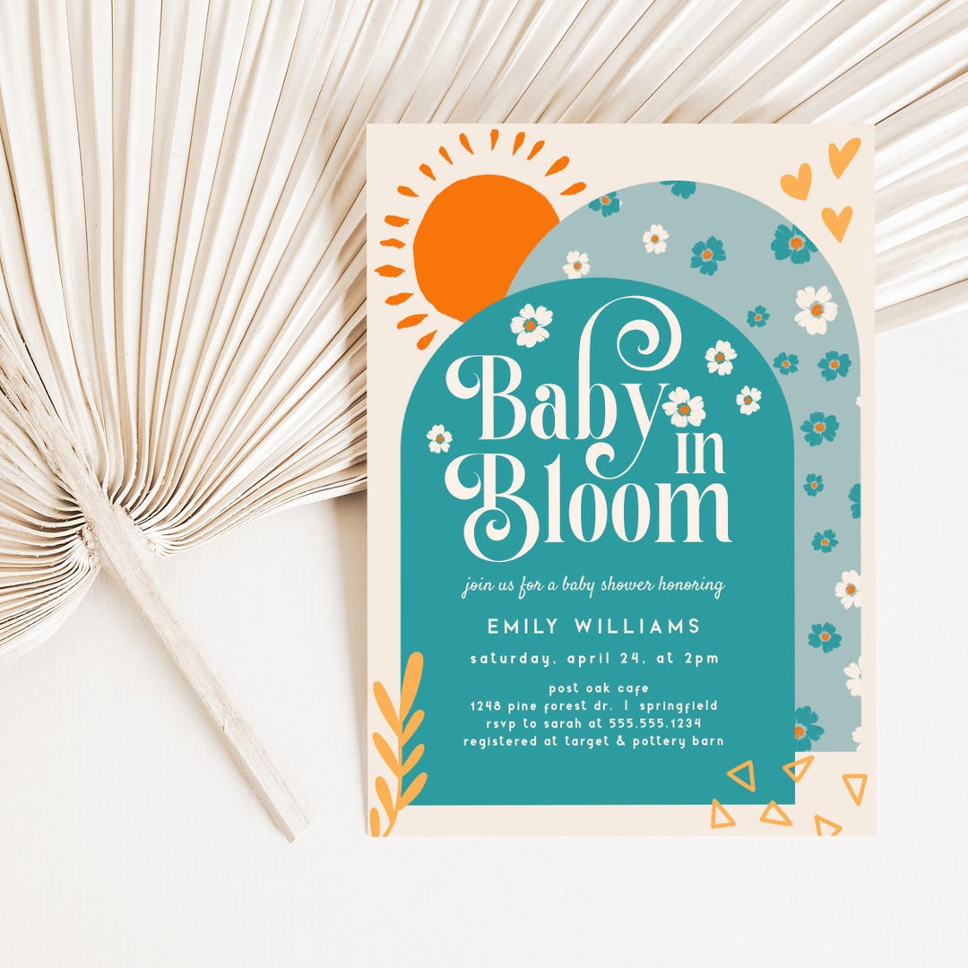 Baby in Bloom Invitation, Retro Baby Shower Invite, Editable Template ...