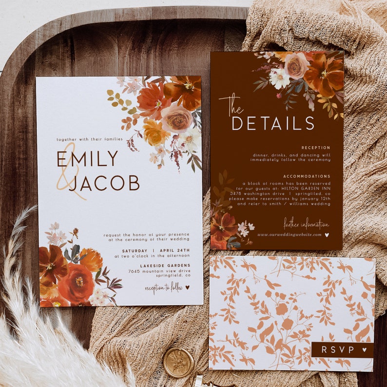 Terracotta Floral Wedding Invitation Suite: Boho Rustic Template ...