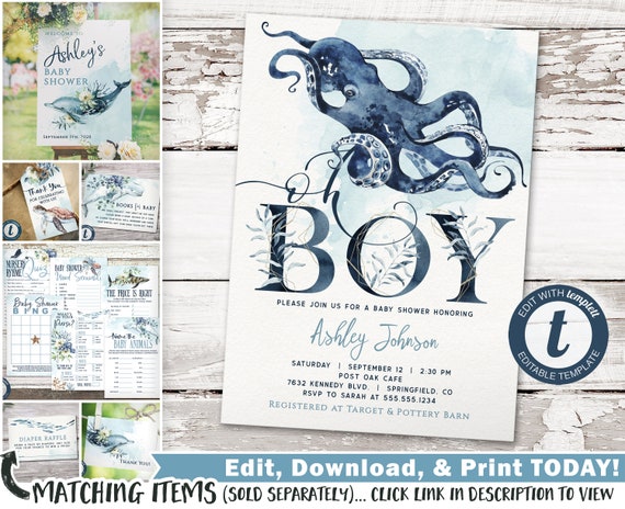 Ocean Boy Octopus Baby Shower Invitation Printable Invite | Etsy