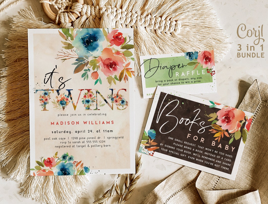 Twins Baby Shower Invitation Floral Suite, Editable Corjl Templates ...