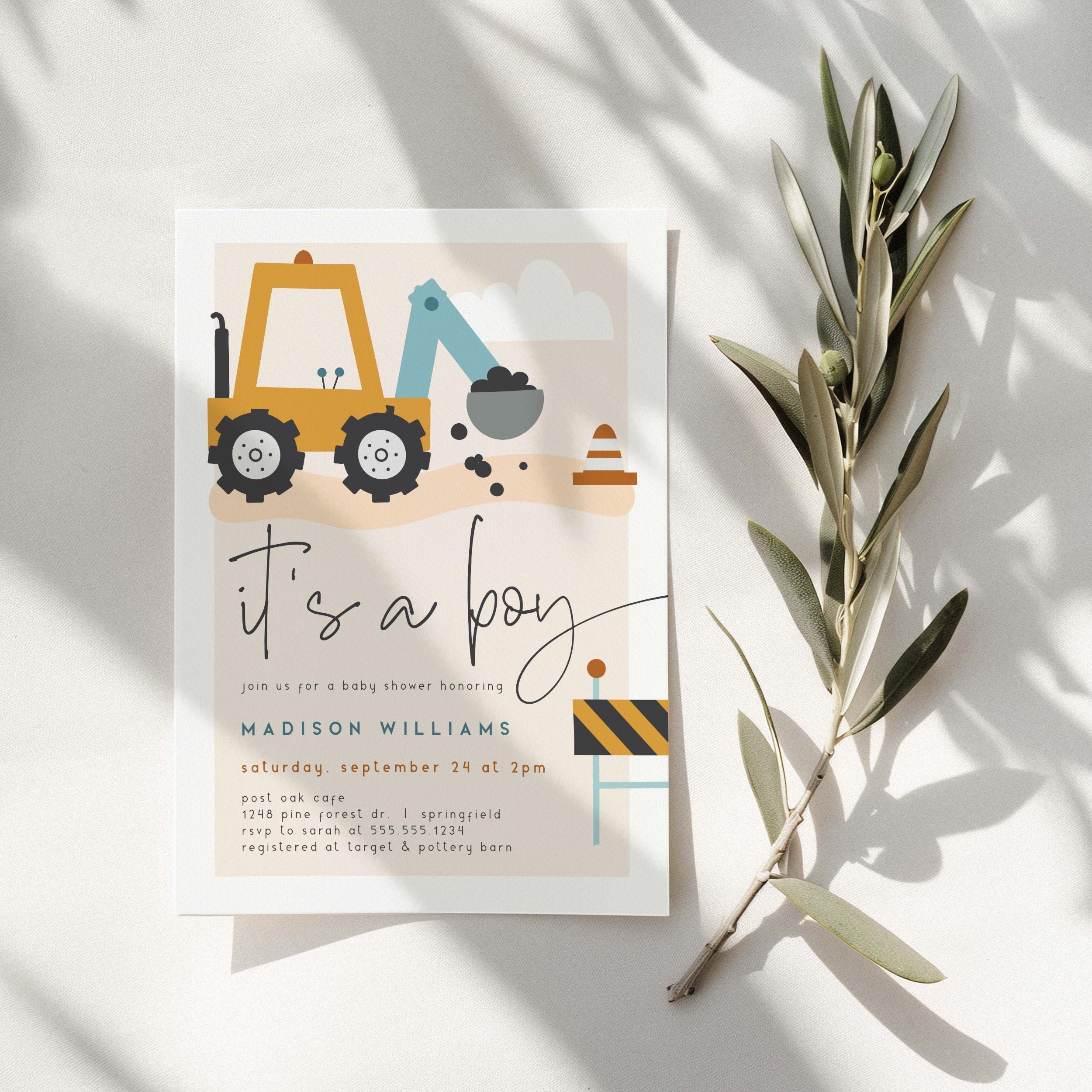 Construction Boy Baby Shower Invitation, Invite Editable Template ...