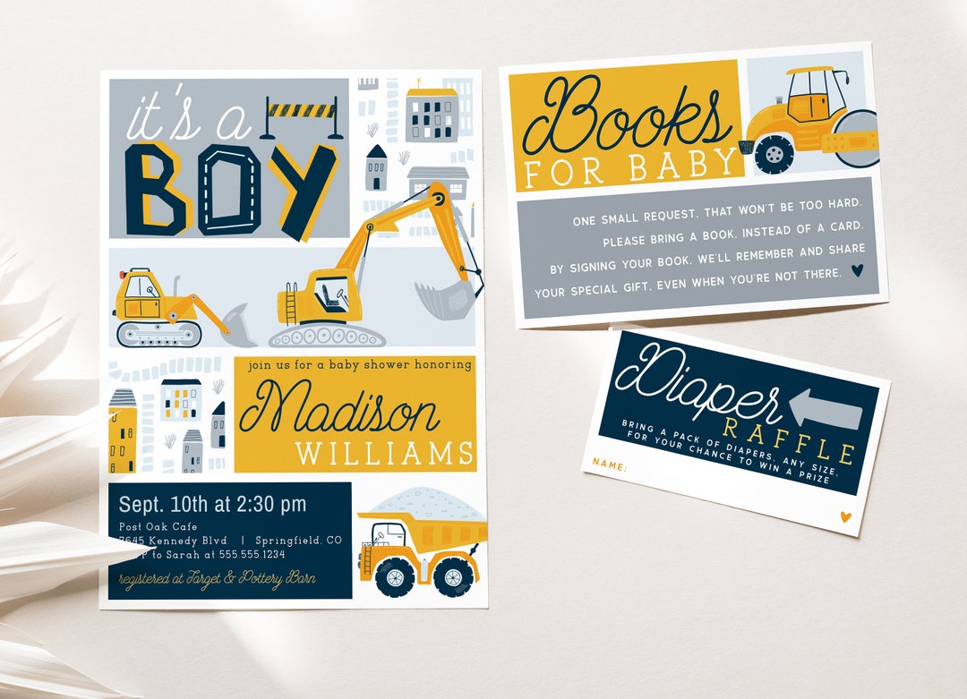 Construction Boy Baby Shower Invitation Suite, Printable Template ...