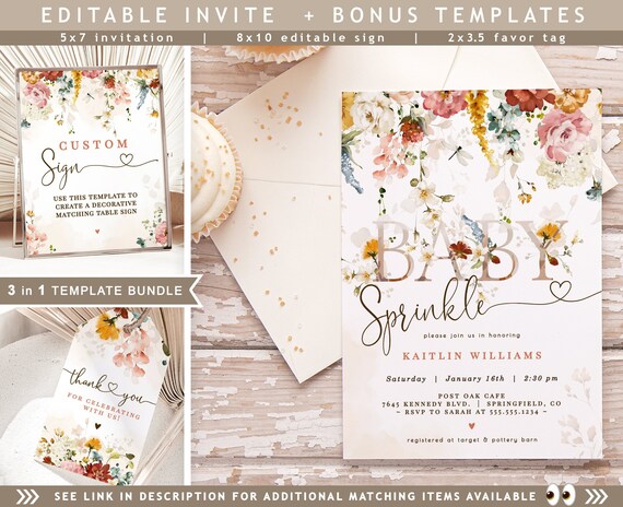 Baby Sprinkle Invitation Template DOWNLOAD Garden Flowers 5x7 - Etsy