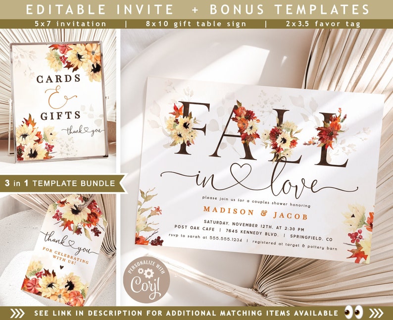 Fall in Love Couples Shower Editable Invitation Template DOWNLOAD, 5x7 ...