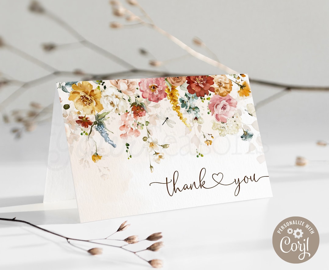 Floral Thank You Card, Printable | INSTANT DOWNLOAD | Editable Digital ...