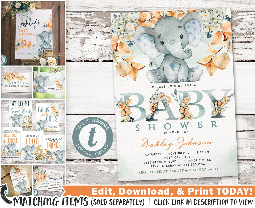 Elephant Baby Shower Invitation INSTANT DOWNLOAD Editable Digital File ...