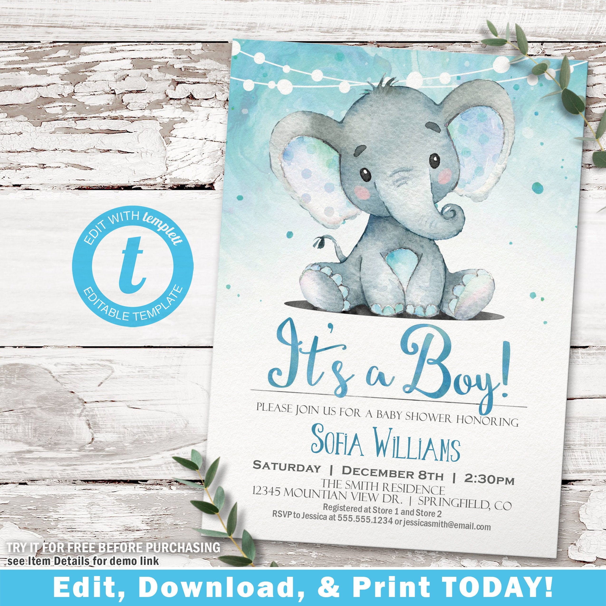 Elephant Baby Shower Invitation Boy, Printable Invite | INSTANT ...