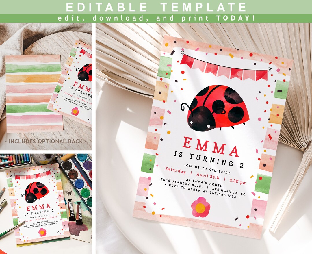 Editable Ladybug Birthday Invitation Template, DIGITGAL DOWNLOAD, 5x7 ...