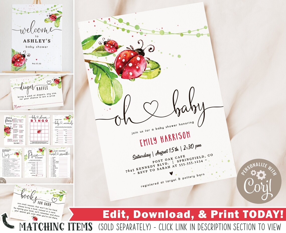 Ladybug Baby Shower Invitation Girl Printable Invite - Etsy
