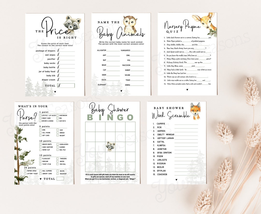 Woodland Baby Shower Games Bundle | INSTANT DOWNLOAD | Editable Digital ...