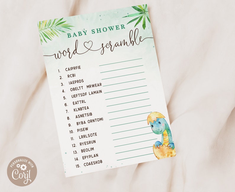 Dinosaur Baby Shower Word Scramble Game Template | INSTANT DOWNLOAD ...