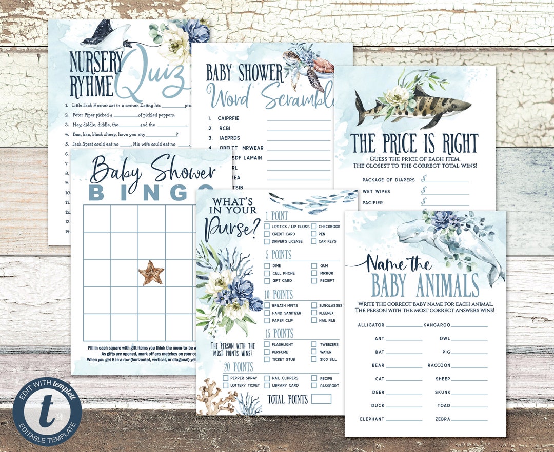 Ocean Baby Shower Games Package, Summer Printable INSTANT DOWNLOAD ...