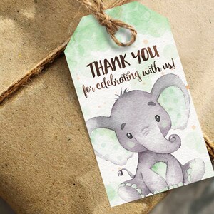 Green Elephant Baby Shower Gift Tags, Thank You Favor Tags Printable ...