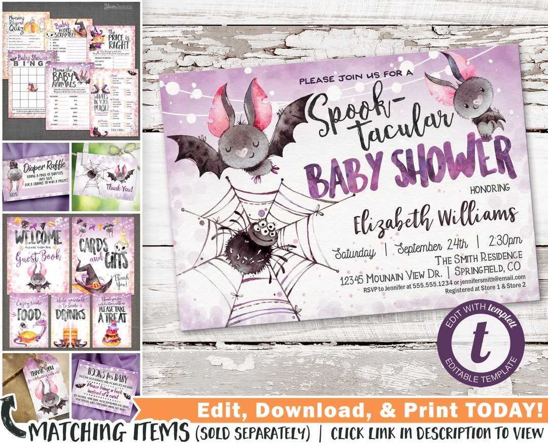 Halloween Baby Shower Invitation, Bats, Printable Invite, INSTANT ...