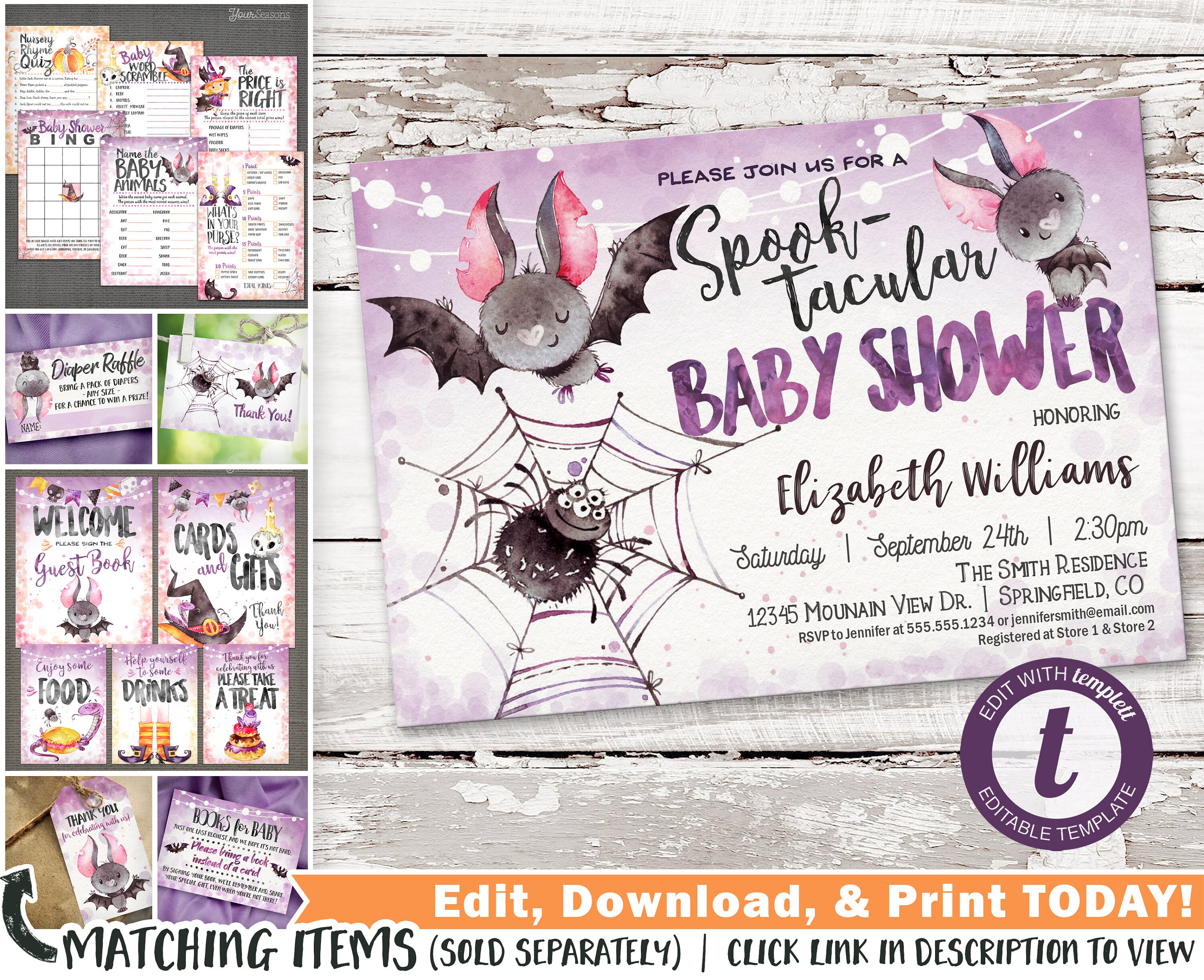 Halloween Baby Shower Invitation, Bats, Printable Invite, INSTANT ...