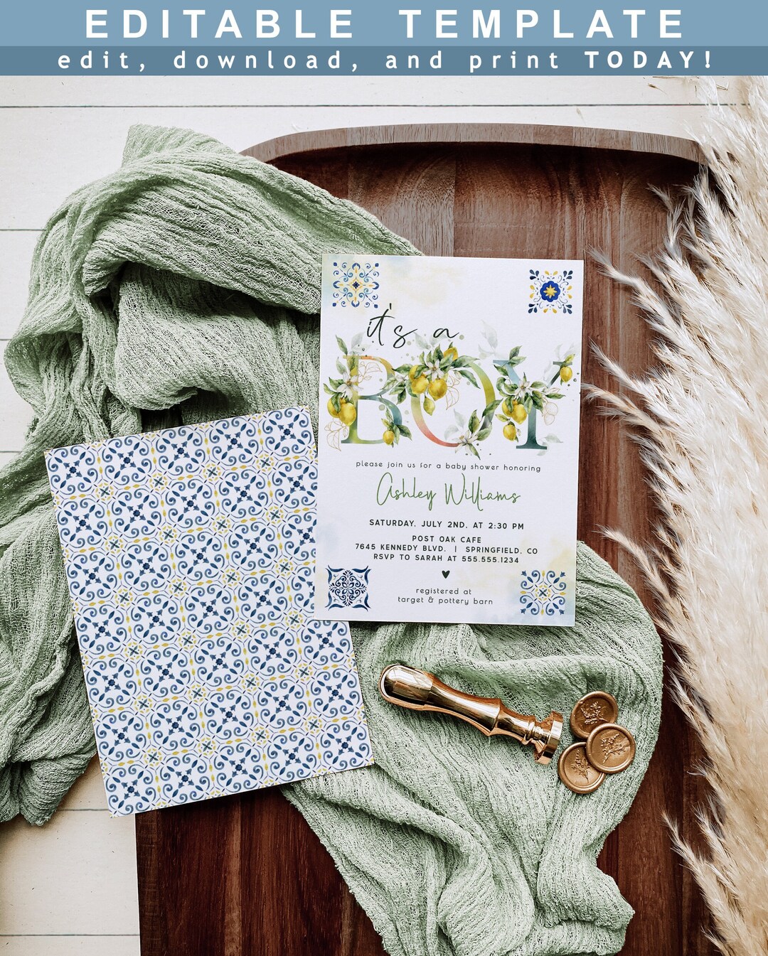 Mediterranean Boy Baby Shower Invitation, Lemon Invite DIGITAL DOWNLOAD ...