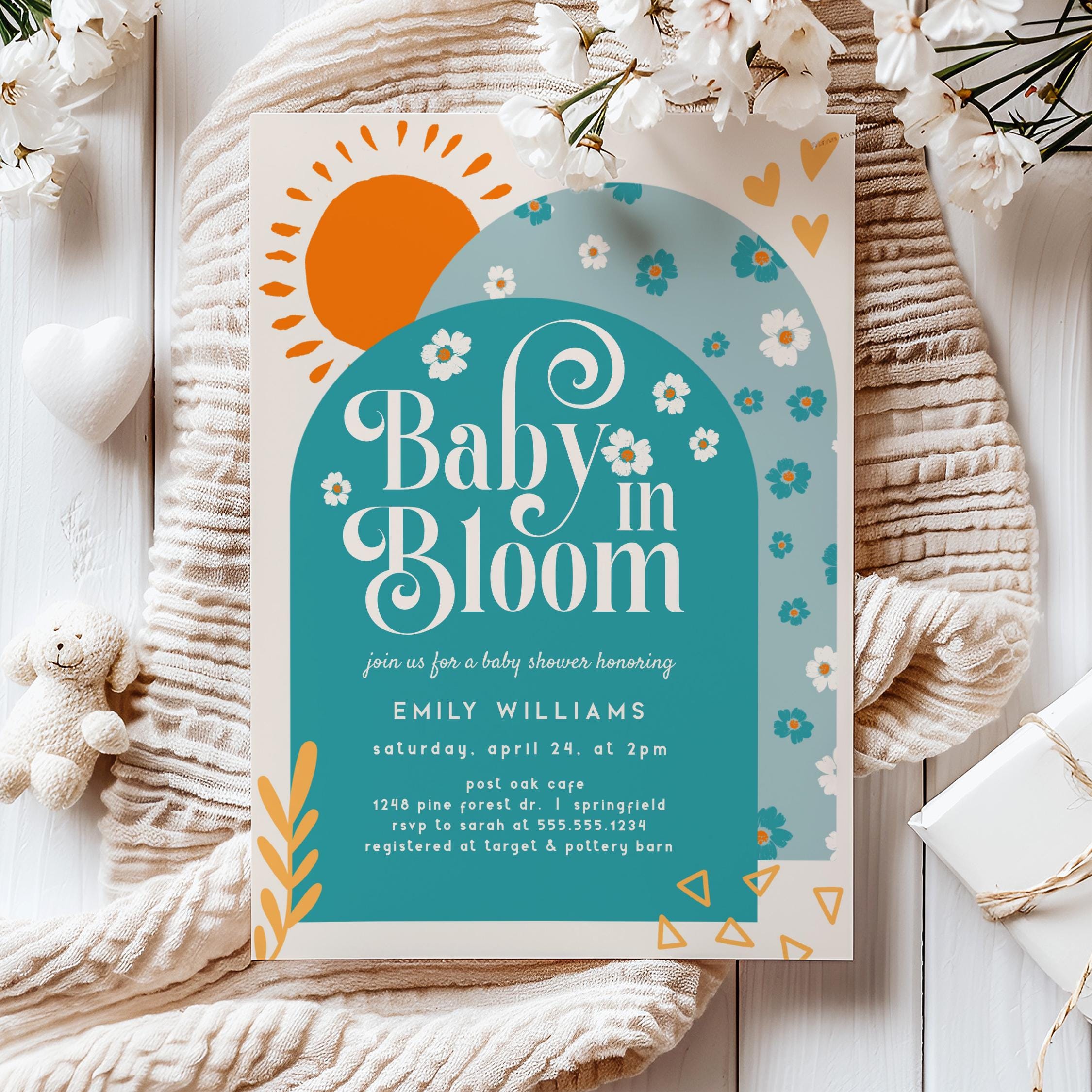 Baby in Bloom Invitation, Retro Baby Shower Invite, Editable Template ...