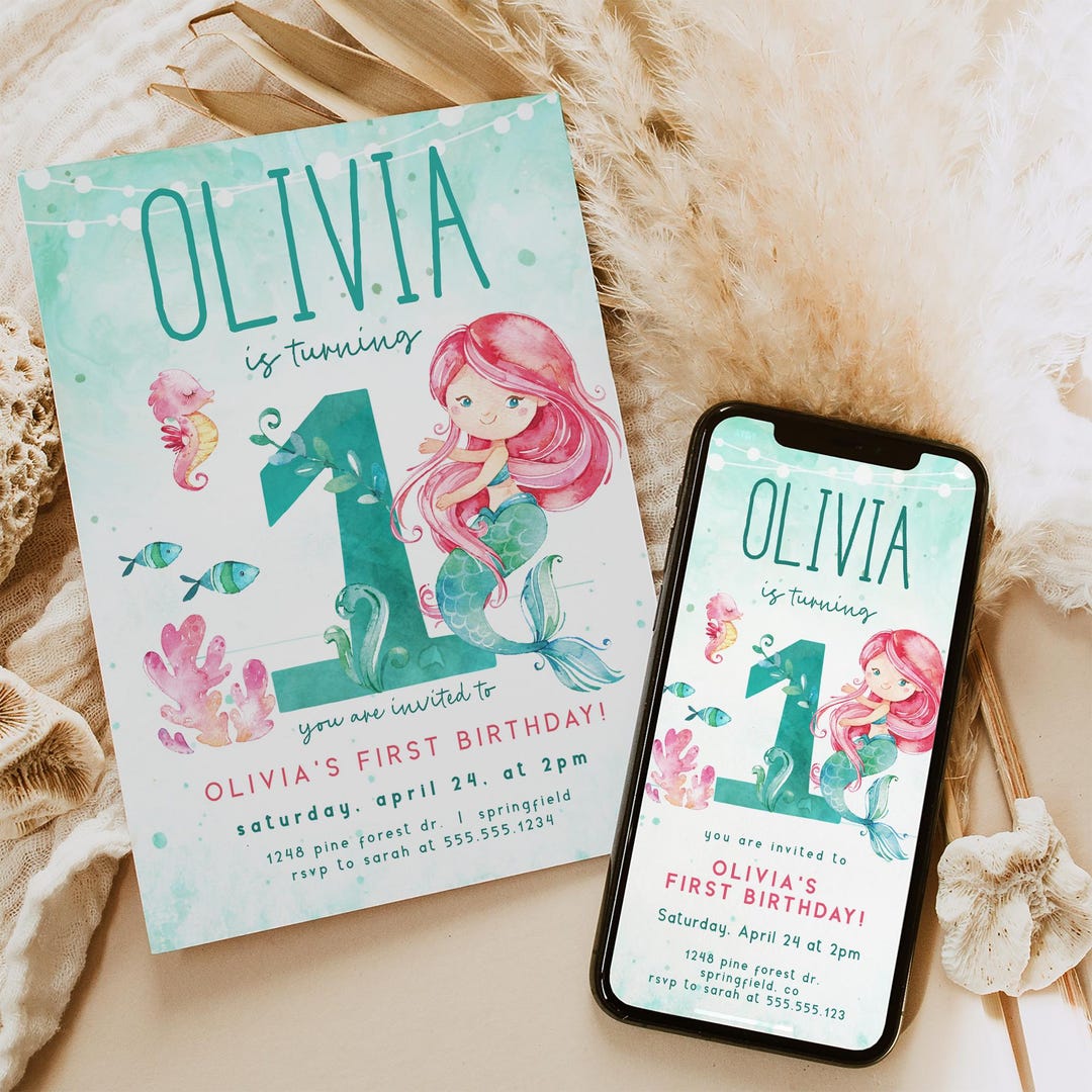 Mermaid First Birthday Invitation: Editable Girl Party Invite (digital ...