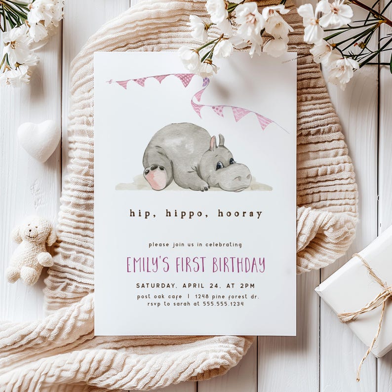 Hippo First Birthday Invitation: Girl Safari Theme (digital Invitation ...