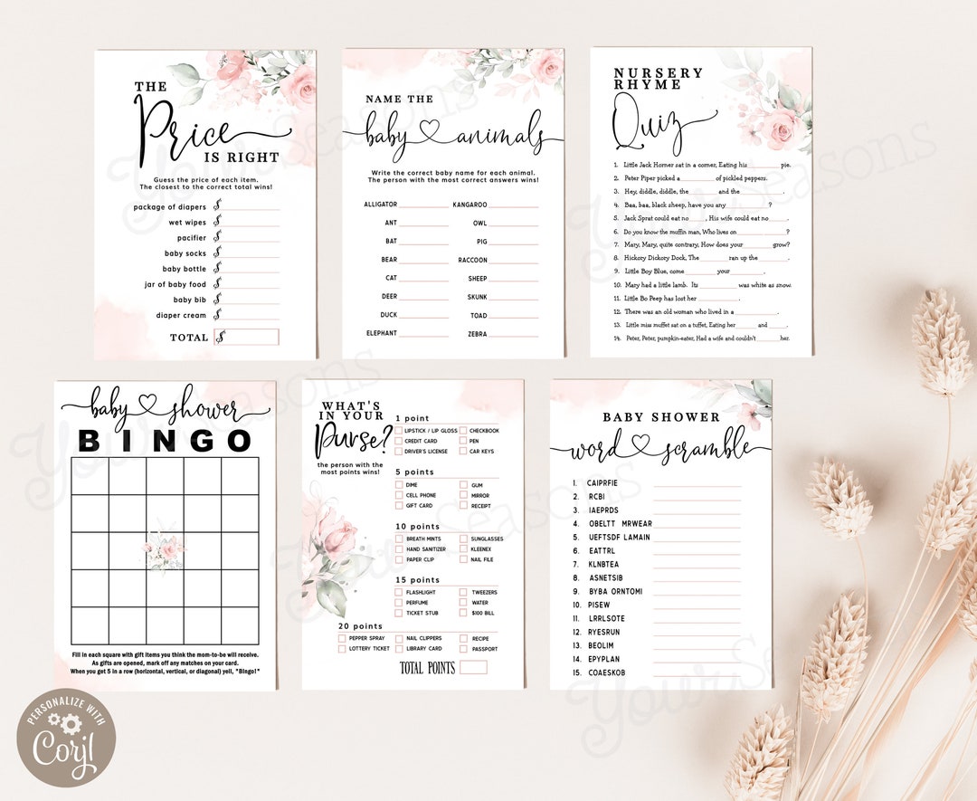 Pink Floral Baby Shower Games Bundle | INSTANT DOWNLOAD | Editable ...
