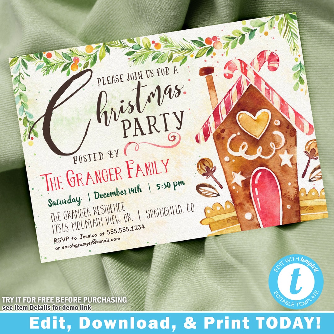 Christmas Party Invitation, Gingerbread House 5x7 Invite | INSTANT ...