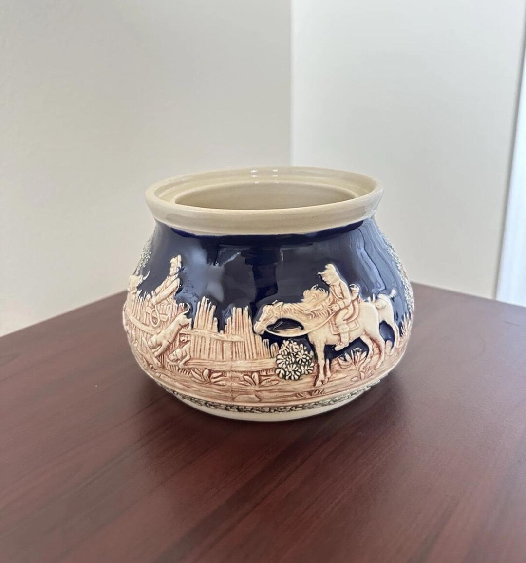 Vintage Germany Hunting Scene Stoneware Tobacco Jar or Vase Cobalt ...