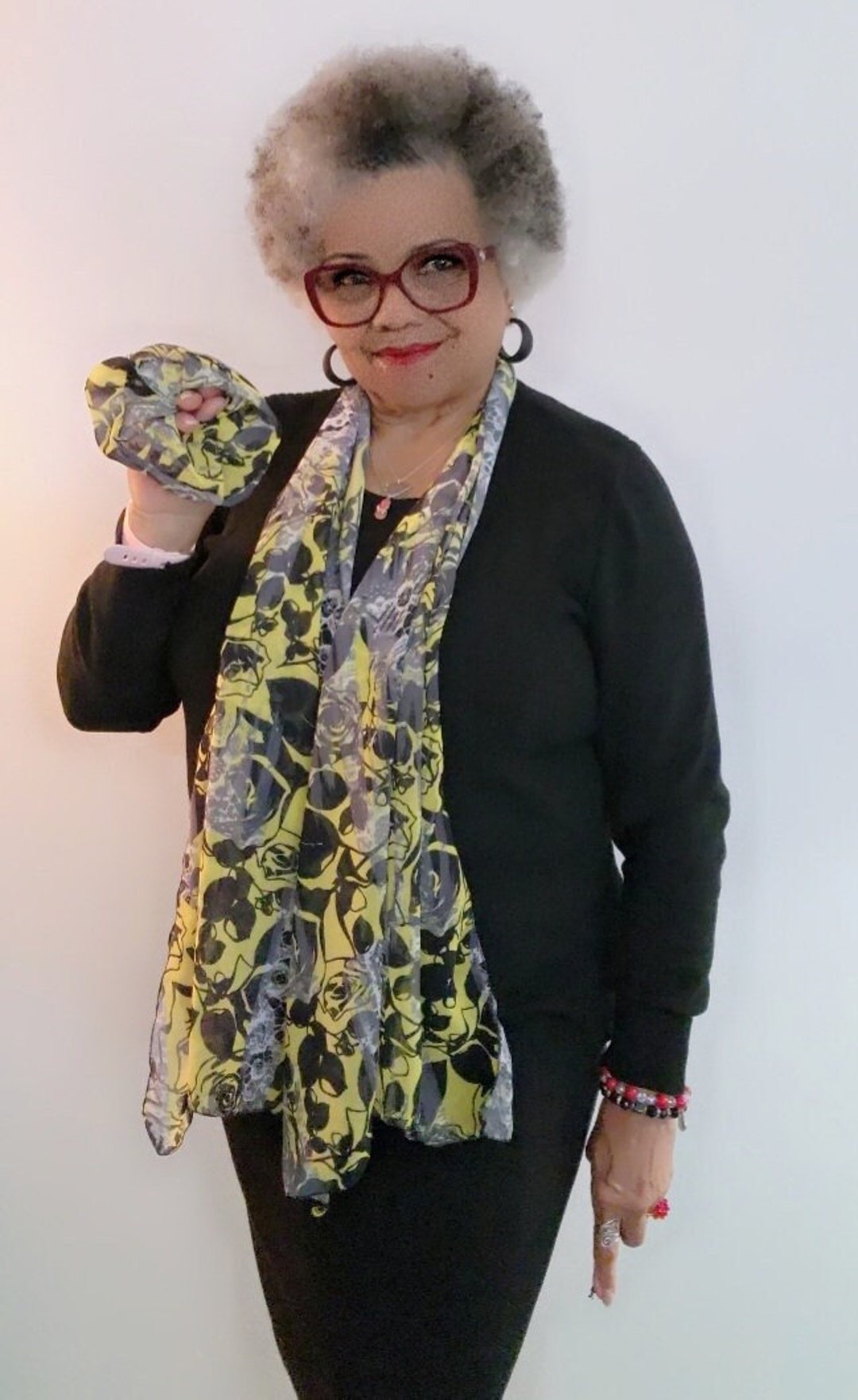 The Bell Scarf, Yellow and Gray Floral Print Chiffon, Beautiful Drape ...