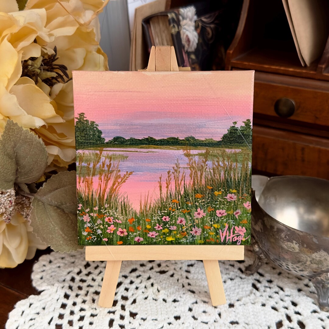 Pastel Sunset on the Lake - Mini Painting 4” X 4” Miniature Canvas ...