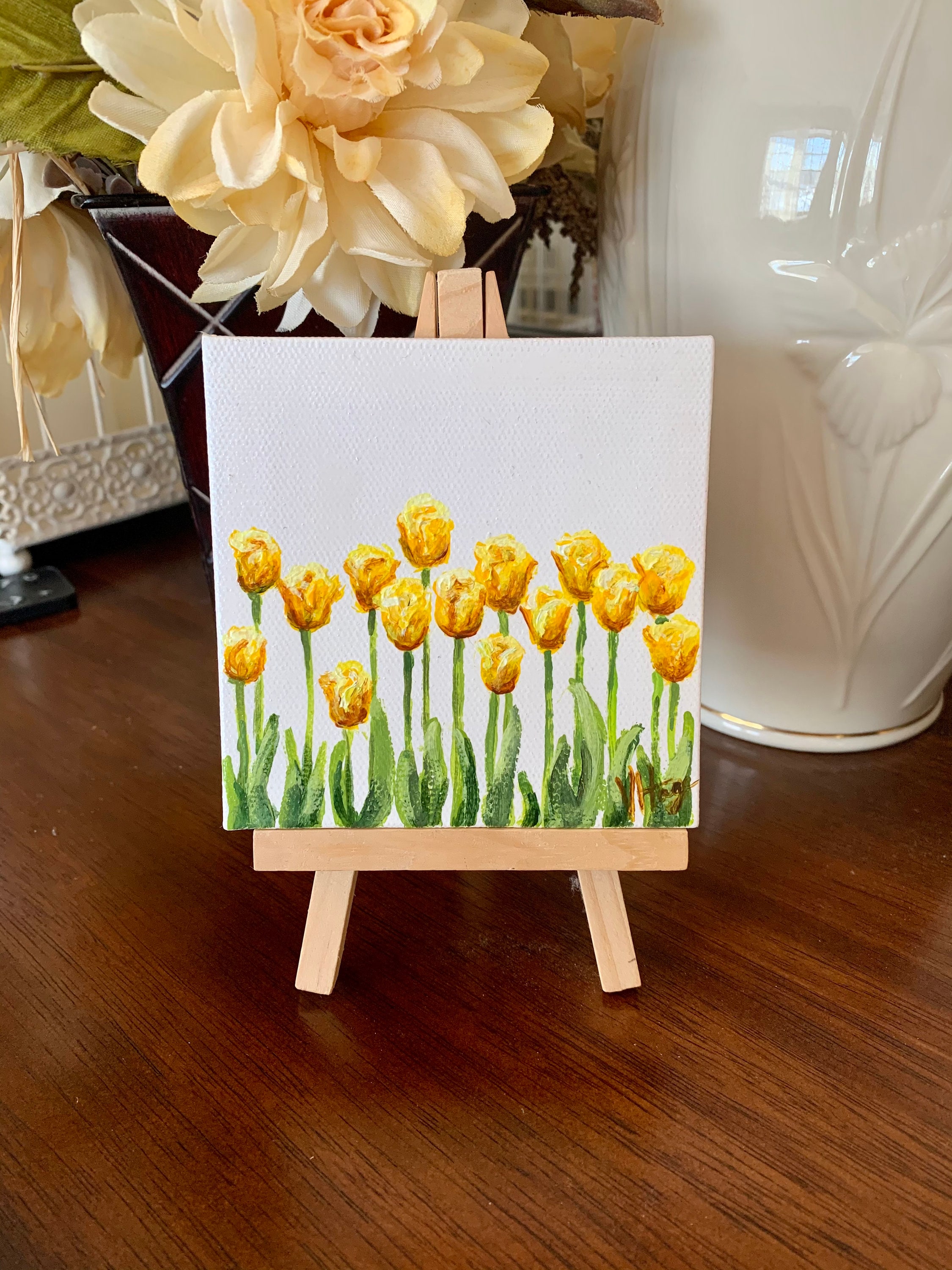 Yellow Tulips Mini Painting 4" X 4" Miniature Canvas Acrylic Art by ...