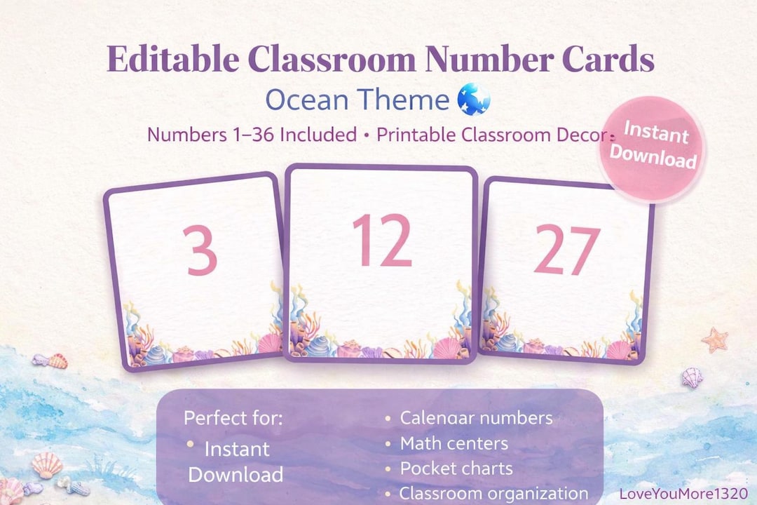Ocean Classroom Calendar Numbers | Editable Number Cards 1-36 | Ocean ...