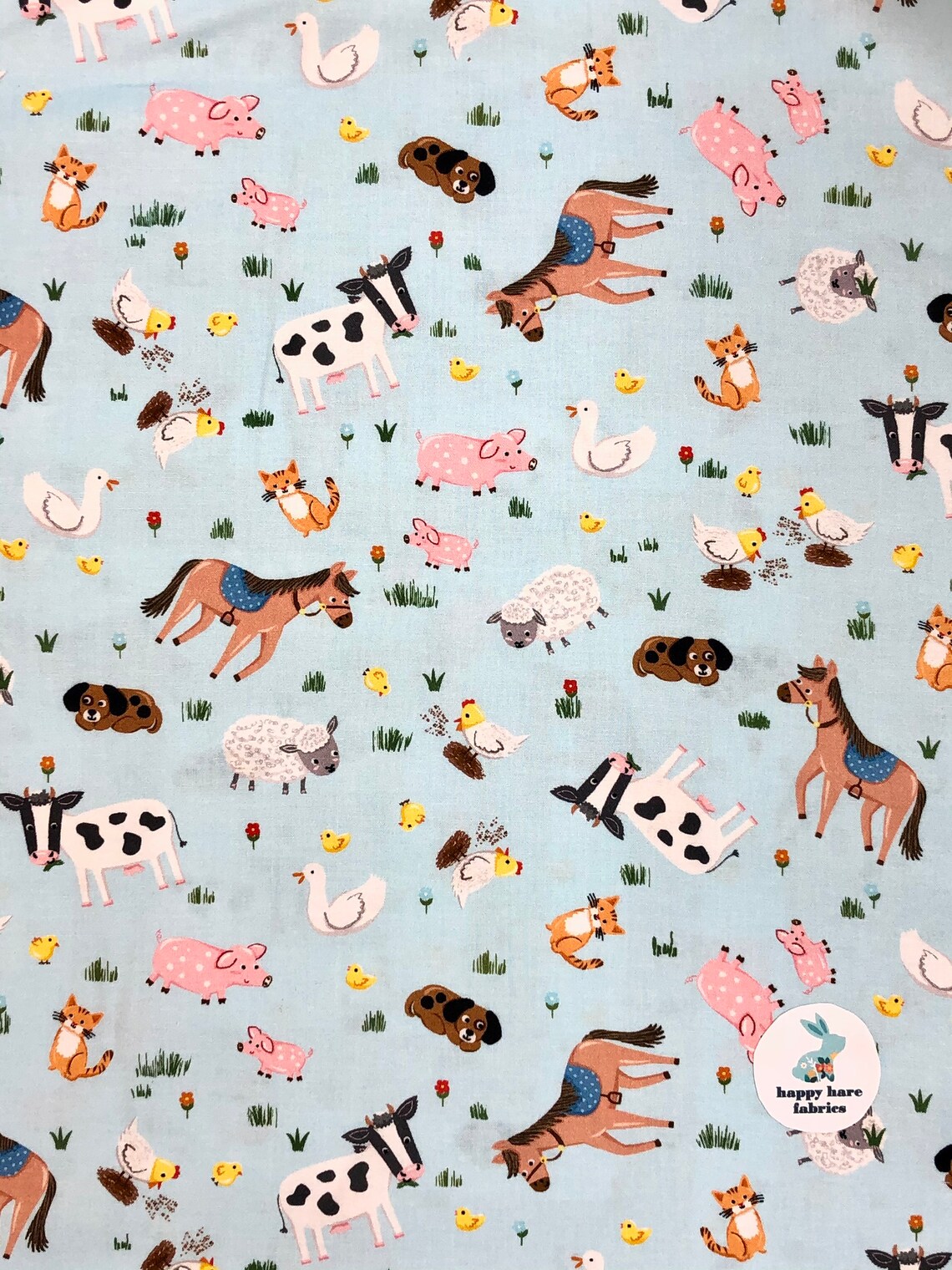 Barnyard Animals Fabric: Light Blue Farm Print, Down on the Farm ...