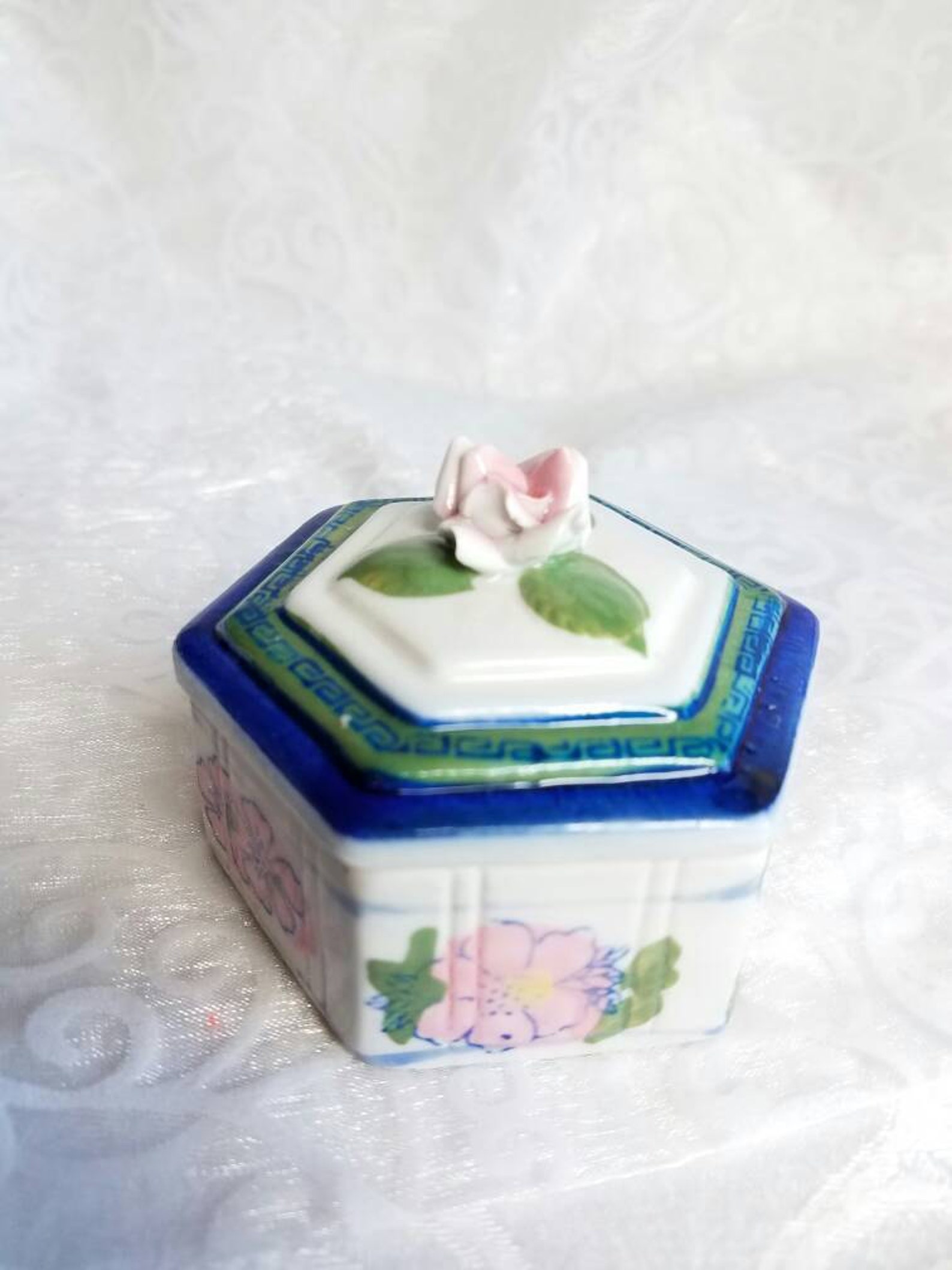 Vintage Porcelain Rose Trinket Box, Rose Hexagon Porcelain Box ...